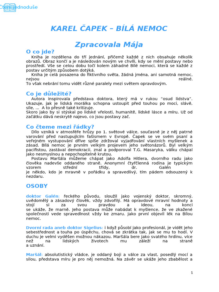 Karel Čapek - Bílá Nemoc Zpracovala Mája: O Co Jde? | PDF