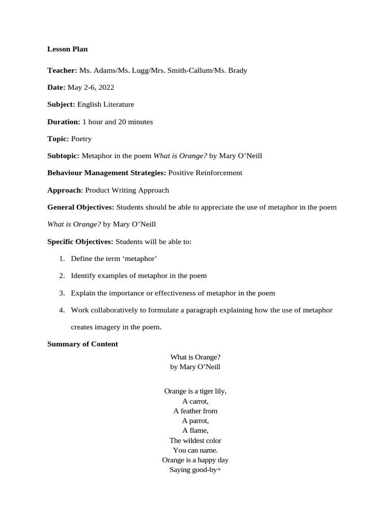 Literature Lesson Plan- What is Orange | PDF