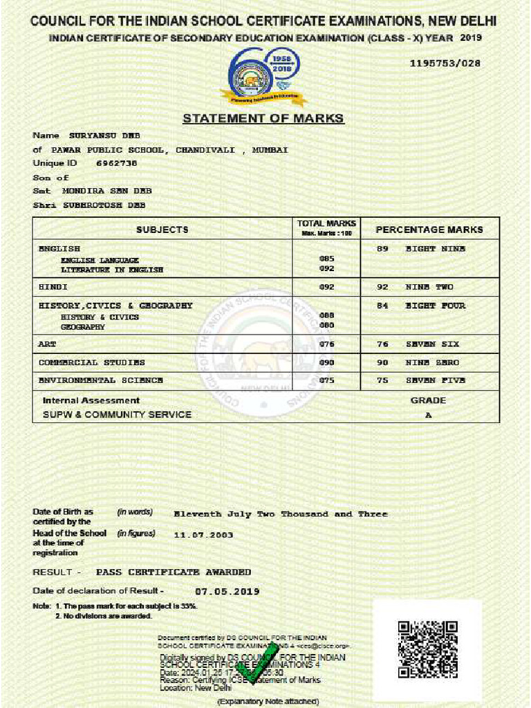 SD - XTH STD (CISCE Marksheet) (2019) | PDF
