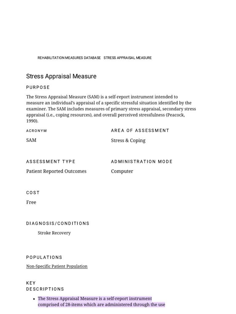 Stress Appraisal Measure - RehabMeasures Database | PDF