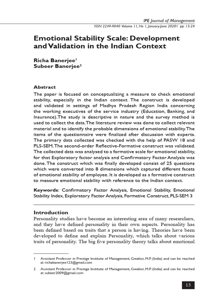 Emotional Stability Scale: Development and Validation in The Indian ...