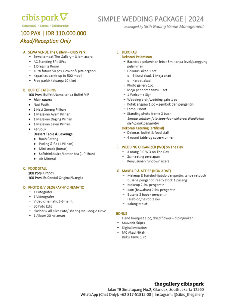 Simple Wedding Package - The Gallery CIBIS Park 2024 | PDF