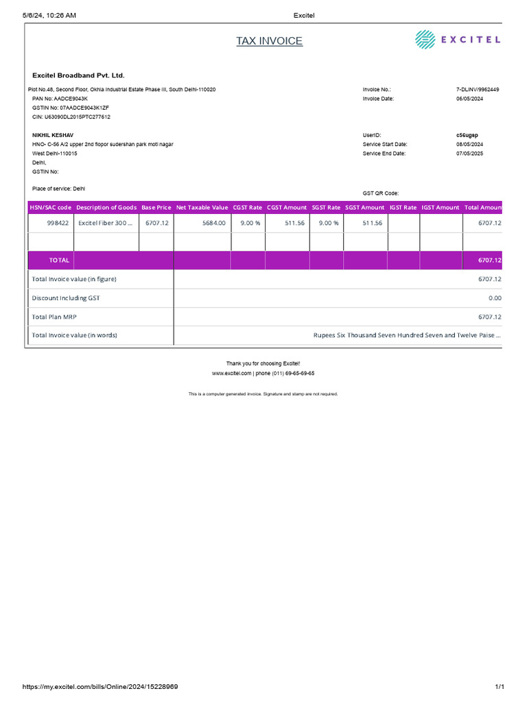 Excitel Payment Bill | PDF