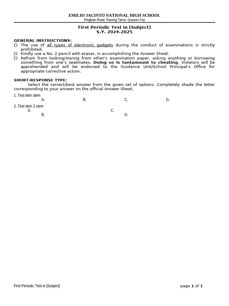EJNHS Periodic Test Template | PDF