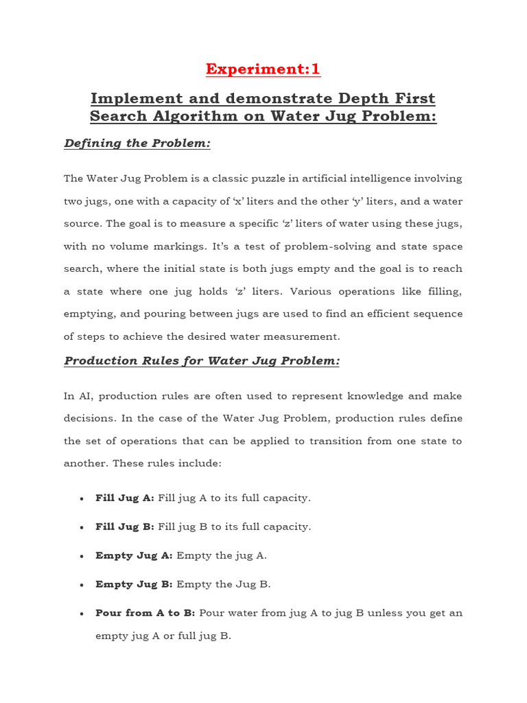 Experiment 1-water jug problem | PDF