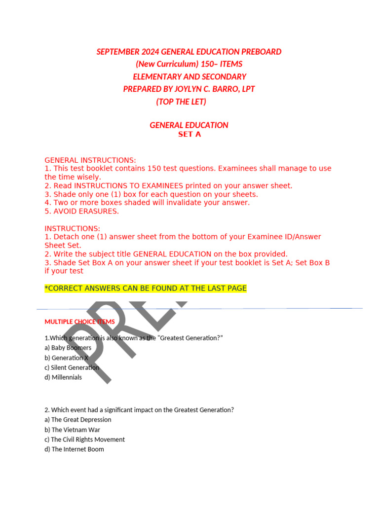 Preboard General Education Set A | PDF