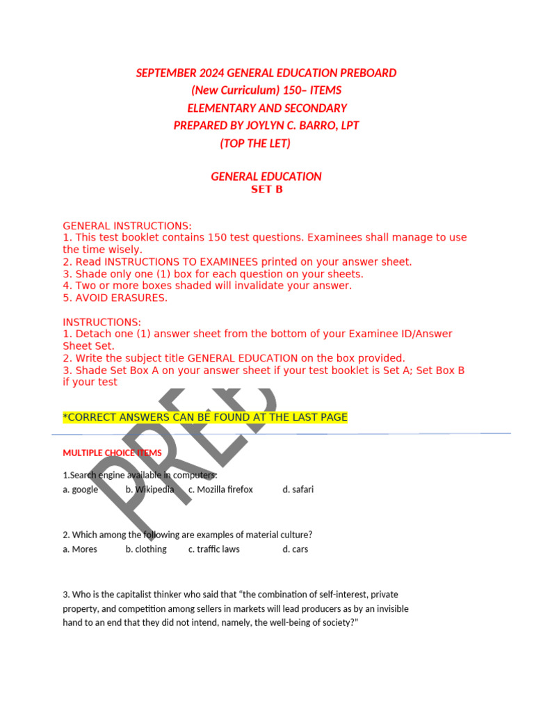 Preboard General Education Set B | PDF