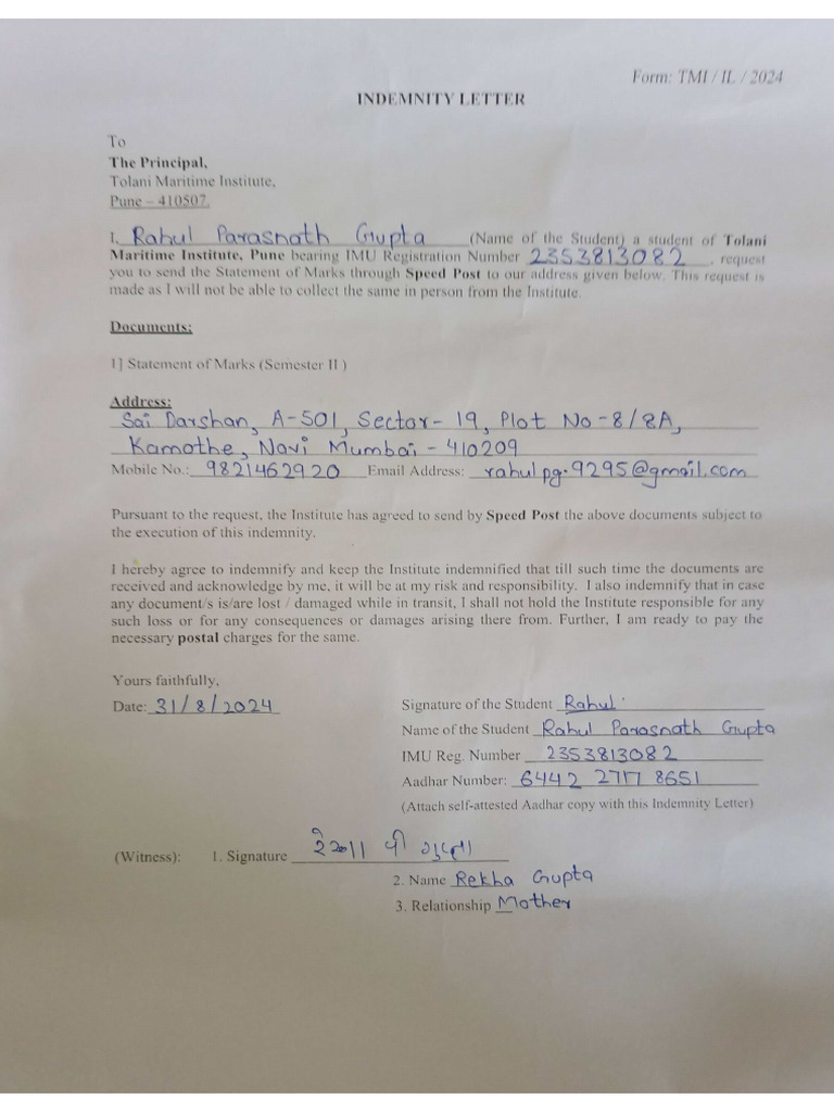 Indemnity Letter | PDF