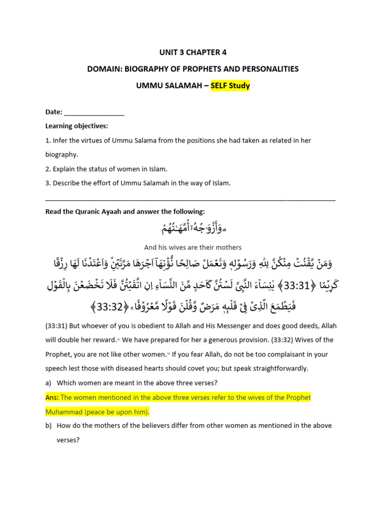 Grade 11 - Ummu Salamah Notes | PDF