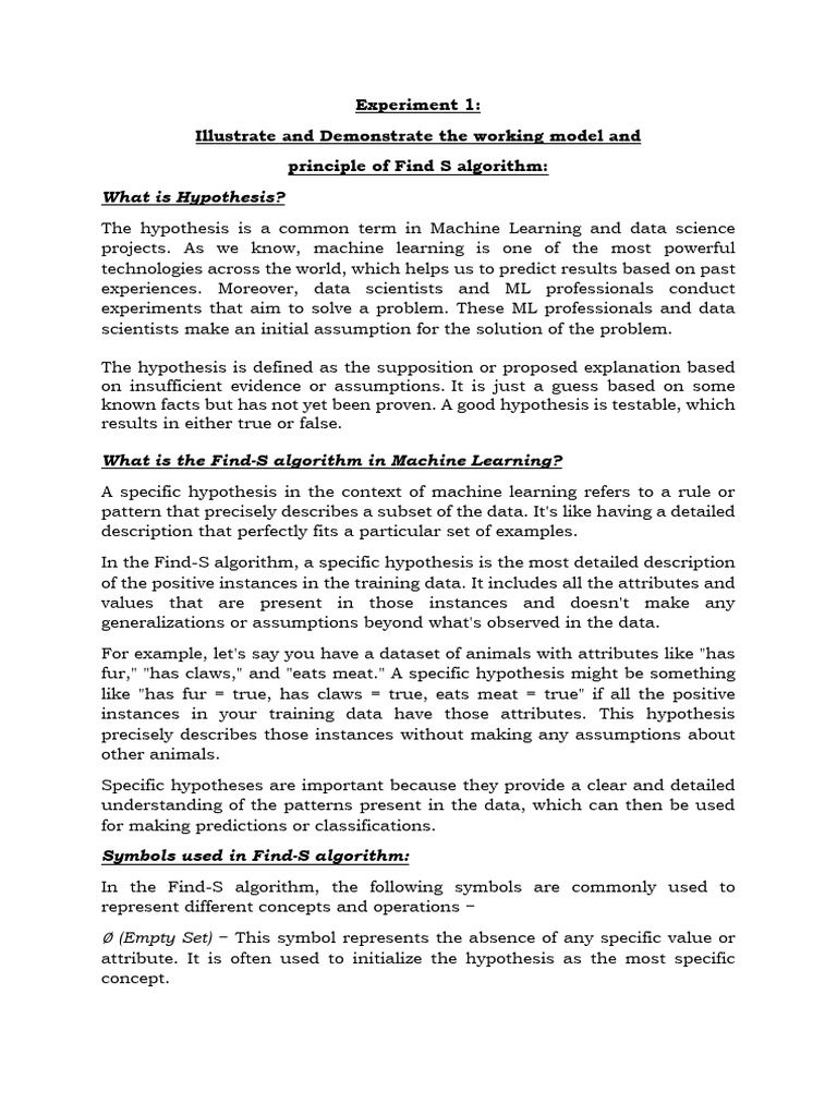 Experiment 1 - Find S Algorithm | PDF