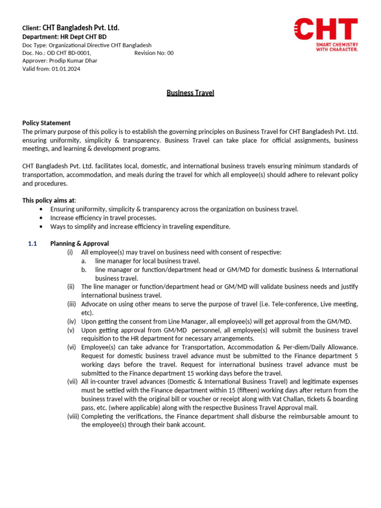CHT Business Travel Policy | PDF