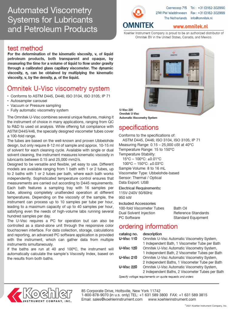 Omnitek U-Visc - Automatic Viscometry System - Technical Datasheet | PDF