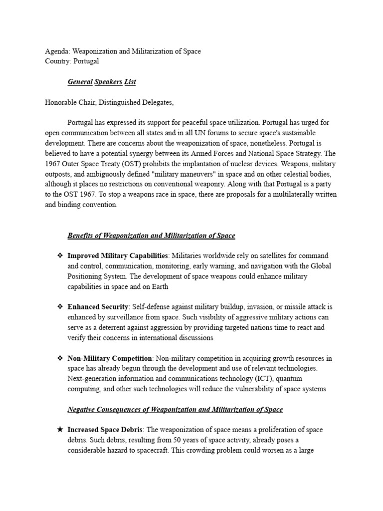 Weaponization and Militarization of Space(Portugal) | PDF
