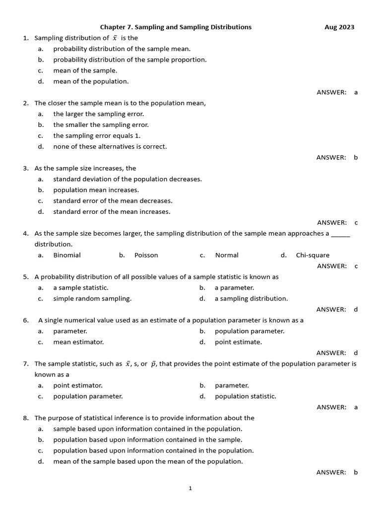 Chapter 7. Sampling and Sampling Distributions - Aug 2023 | PDF