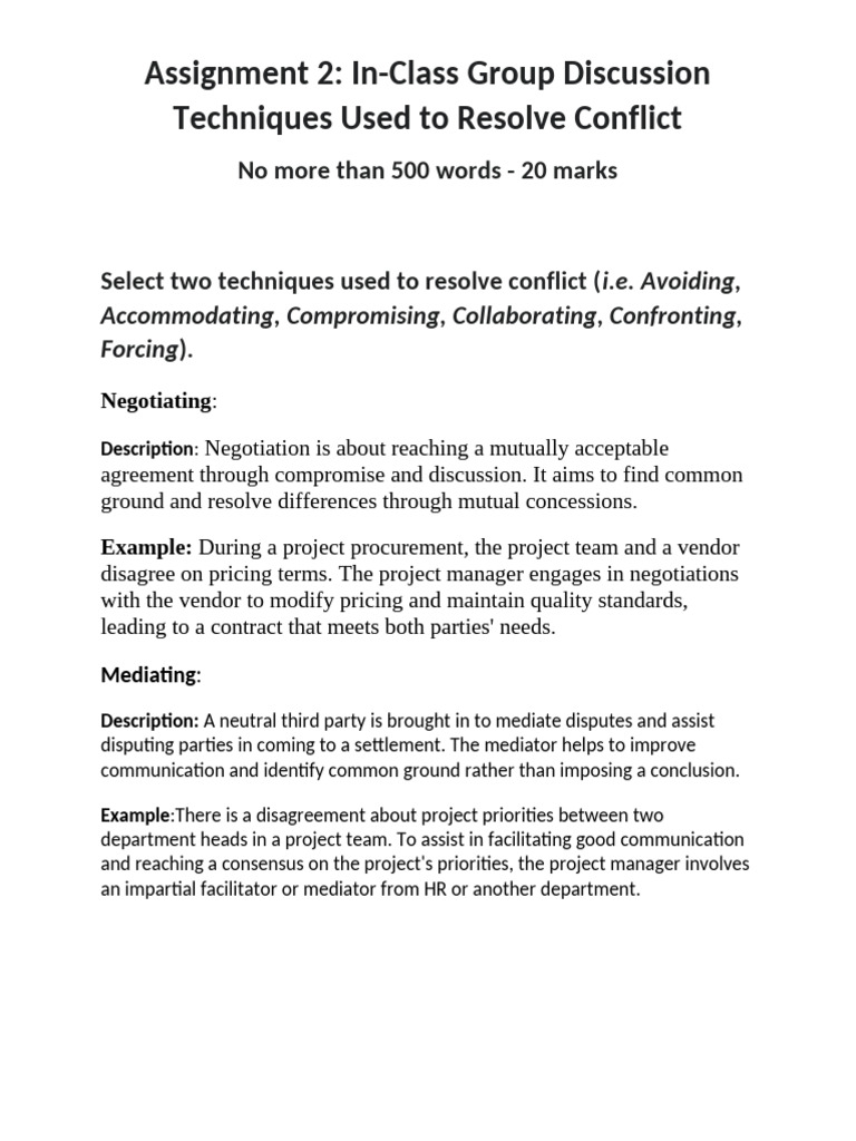 Assignment 2 In-Class Group Discussion - Techniques Used To Resolve Conflict (HARSH SONAVANE ...