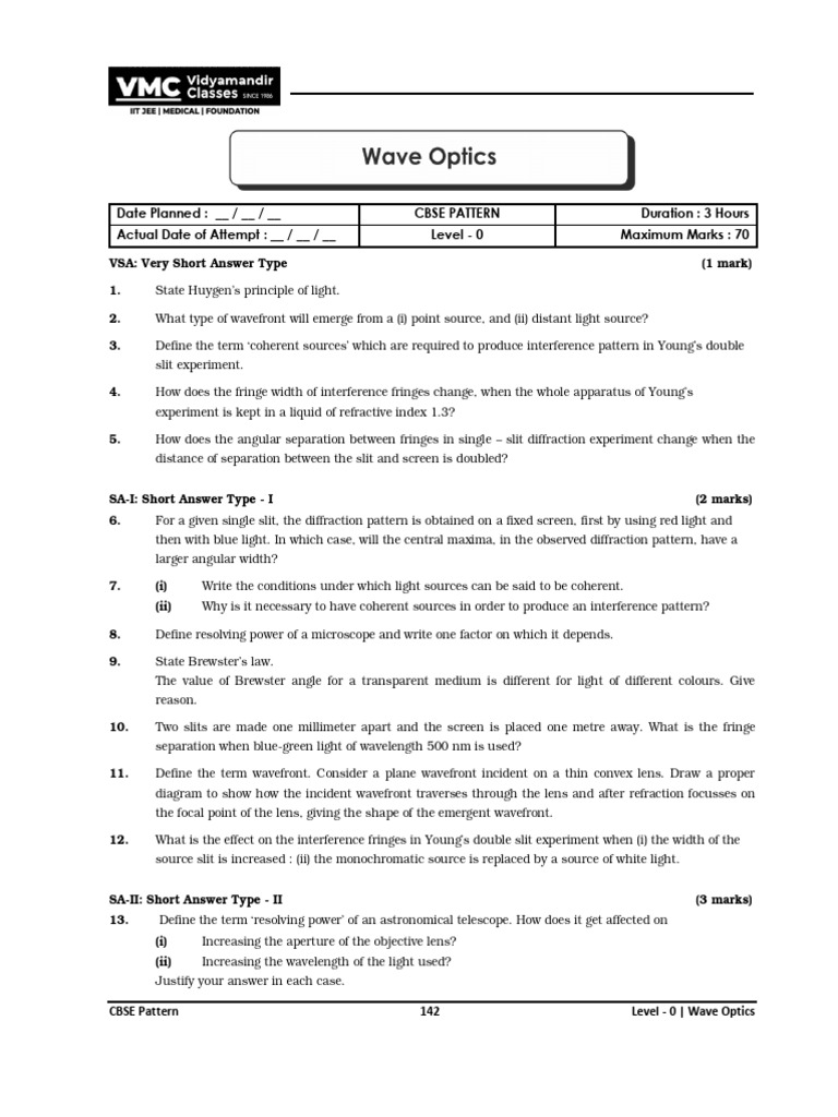 Workbook Wave Optics | PDF