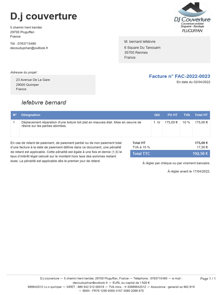 Facture FAC-2022-0023 M. Bernard Lefebvre | PDF