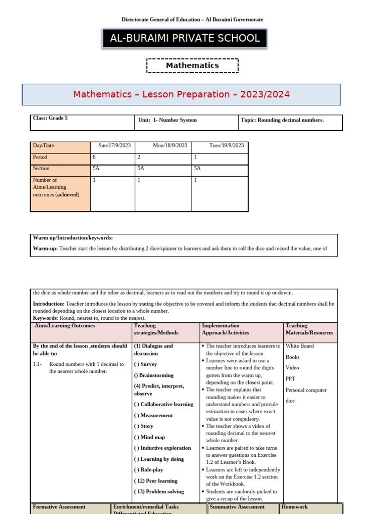 GRADE 5 Maths LESSON PLAN Rounding Decimal | PDF