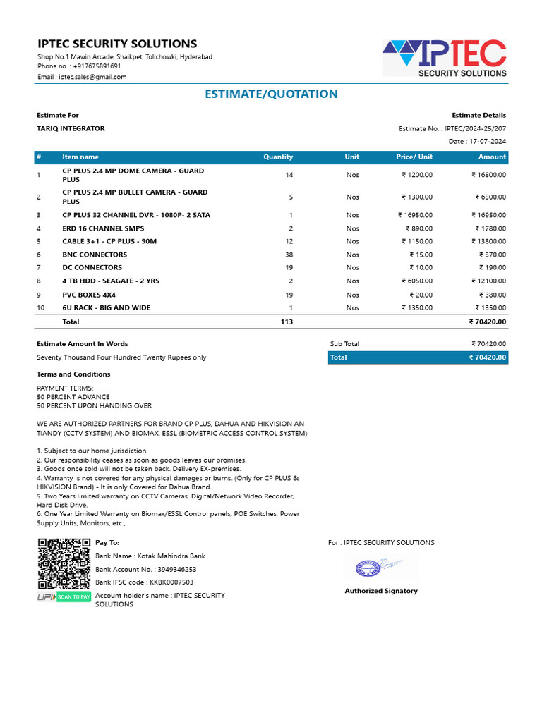 Estimate Quotation - Iptec 2024-25 207 - 17!07!24 - Tariq Integrator - CP Plus 2.4 MP Analog HD ...