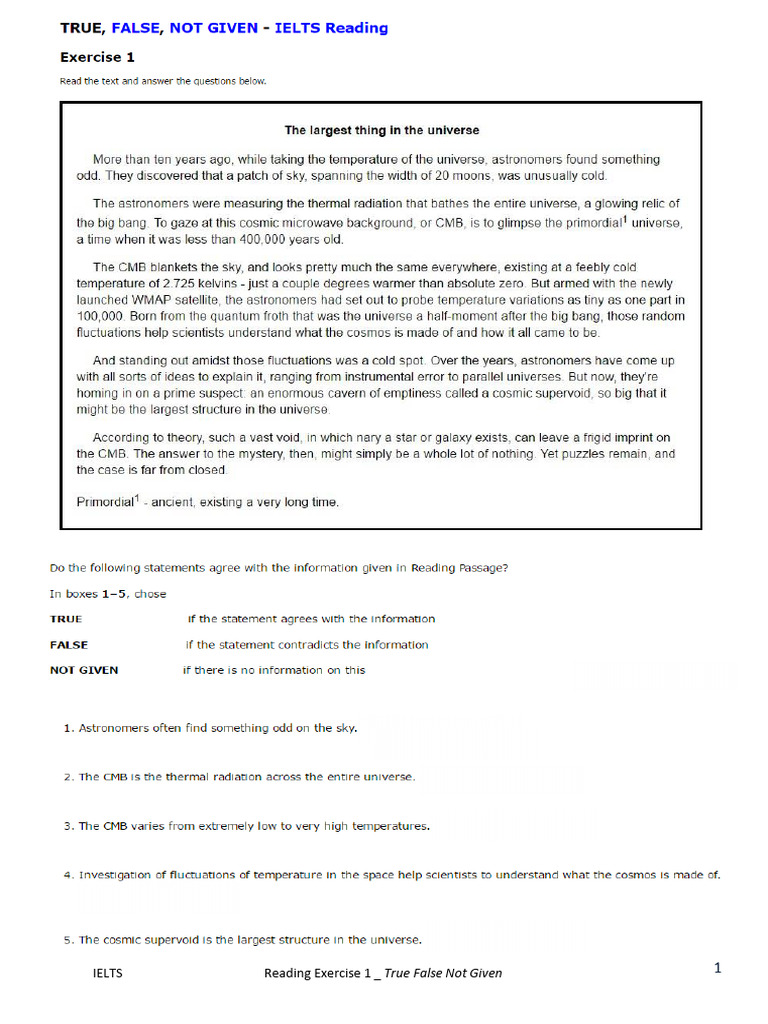 IELTS Reading TFNG EX 1 | PDF