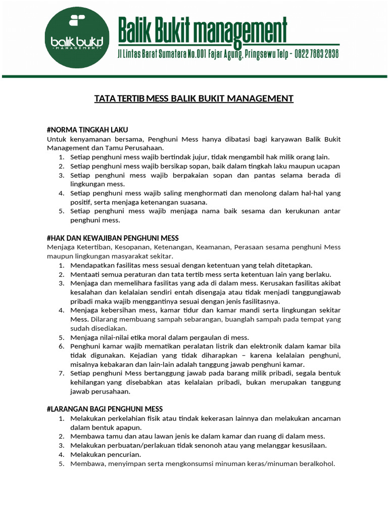 Tata Tertib Mess Balik Bukit Management | PDF