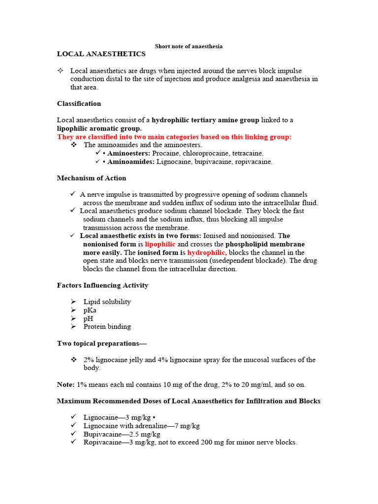Short Note of Anaesthesia | PDF