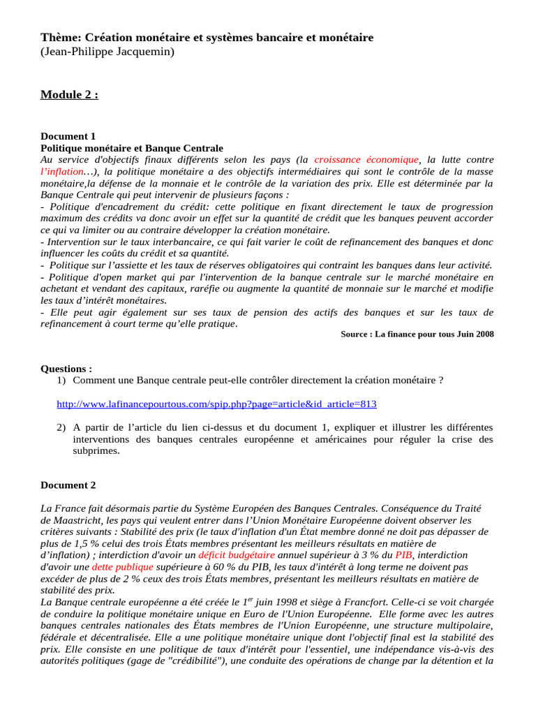 Banque Creation Monetaire Systeme Bancaire Activites2-2 | PDF