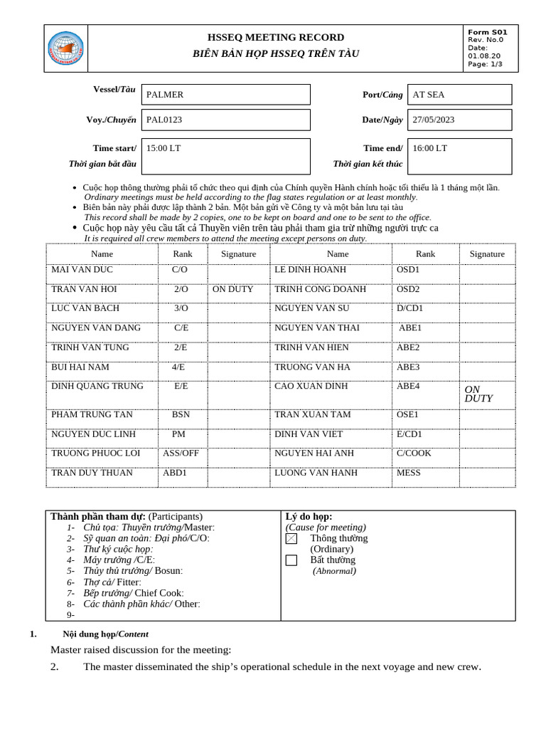 Form s01 - Safety, Health - Environment Committee Meeting Record | PDF