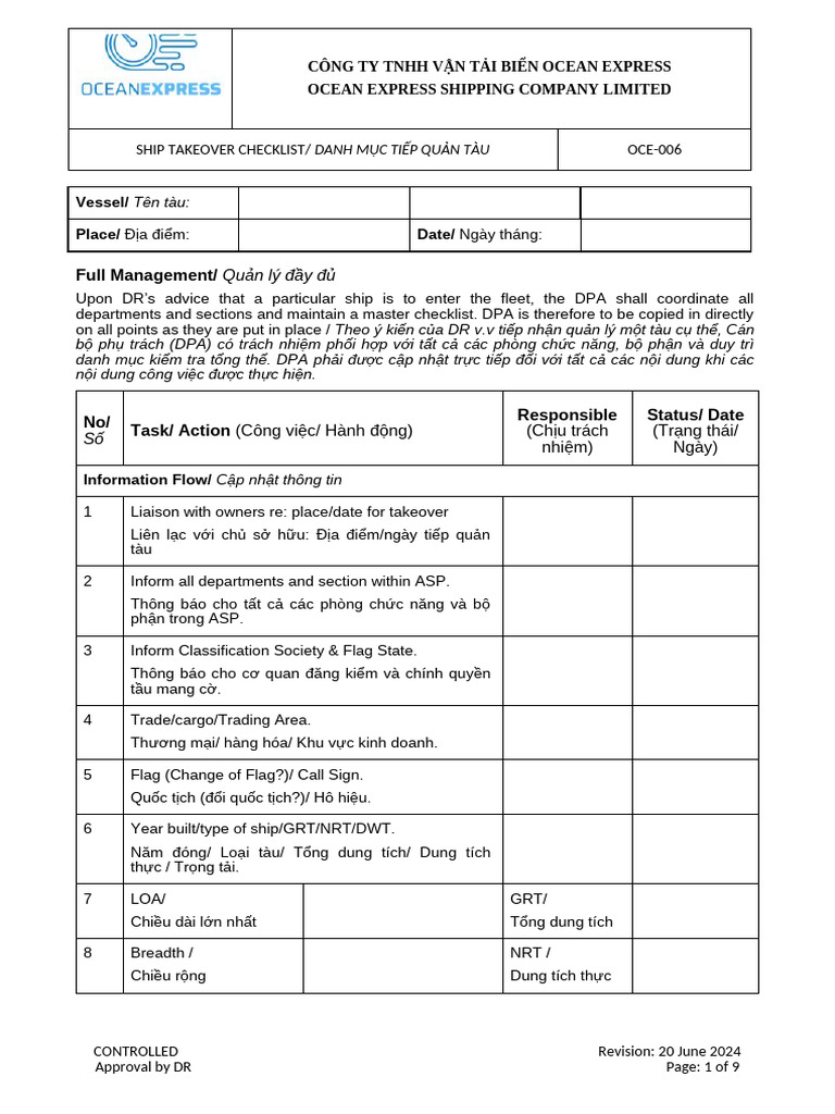OCE-006 Ship Takeover Checklist | PDF