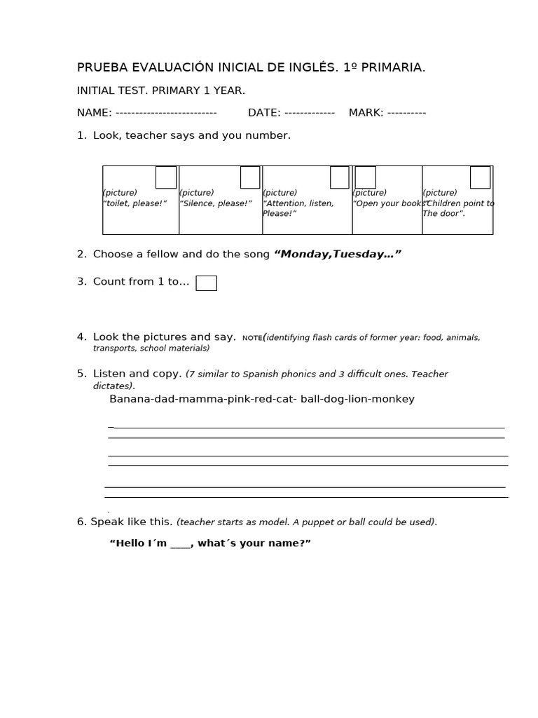 Prueba Evaluación Inicial de Inglés 1º | PDF