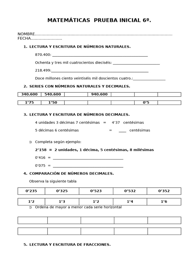 6º Mate Prueba Evluación Inicial | PDF