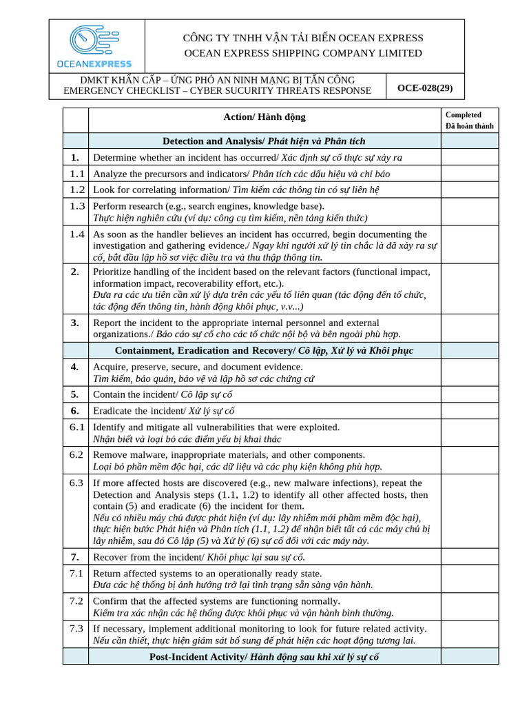 OCE-028 (29) - DMKT Khẩn Cấp- Checklist for an Ninh Mạng Bị Tấn Công | PDF