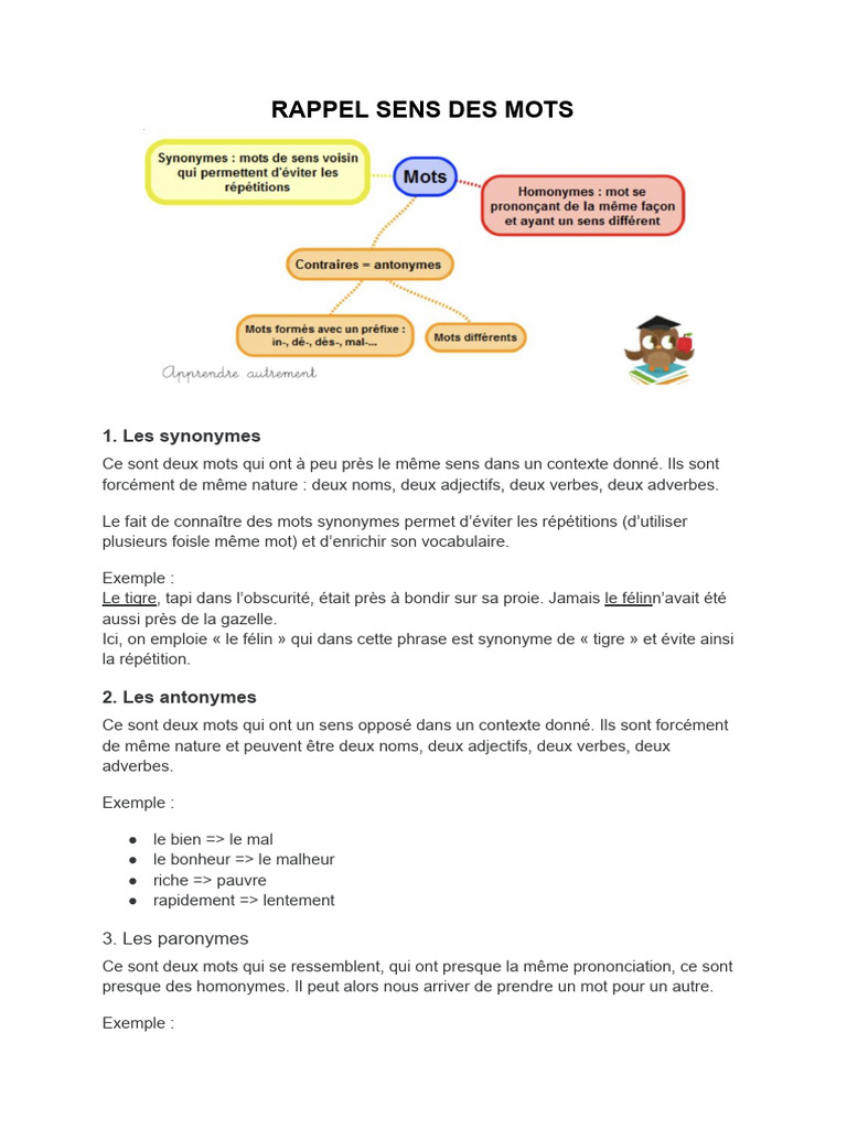 Fiche Rappel Sens Des Mots | PDF