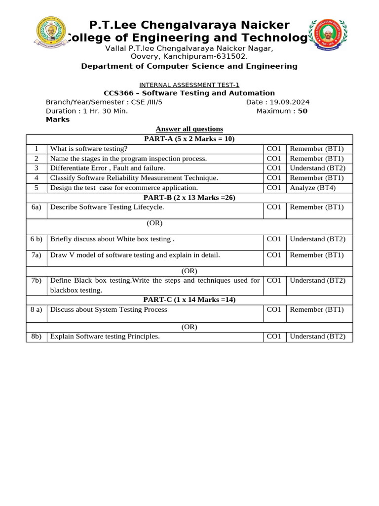 CCS366 - Softwaretesting - Iat1 | PDF | Software Testing | Computer Science