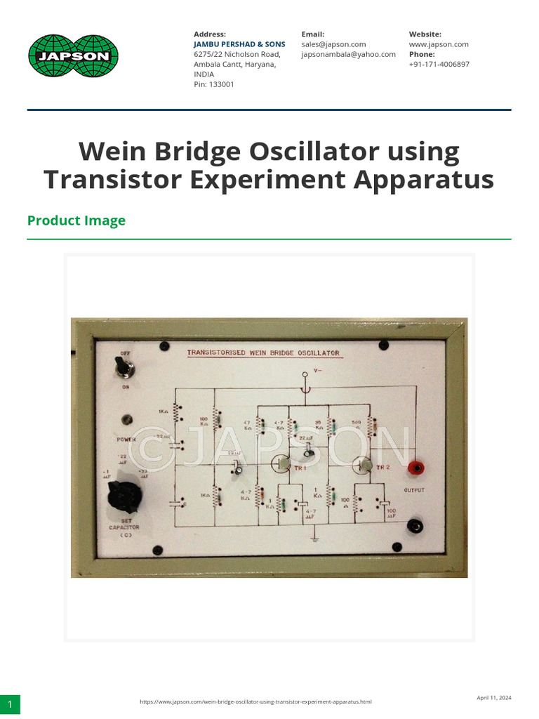 Wein Bridge Oscillator Using Transistor Experiment Apparatus | PDF