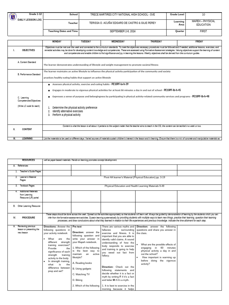 Dll-Week 6 Pe - Mapeh 10 (1st Quarter) | PDF
