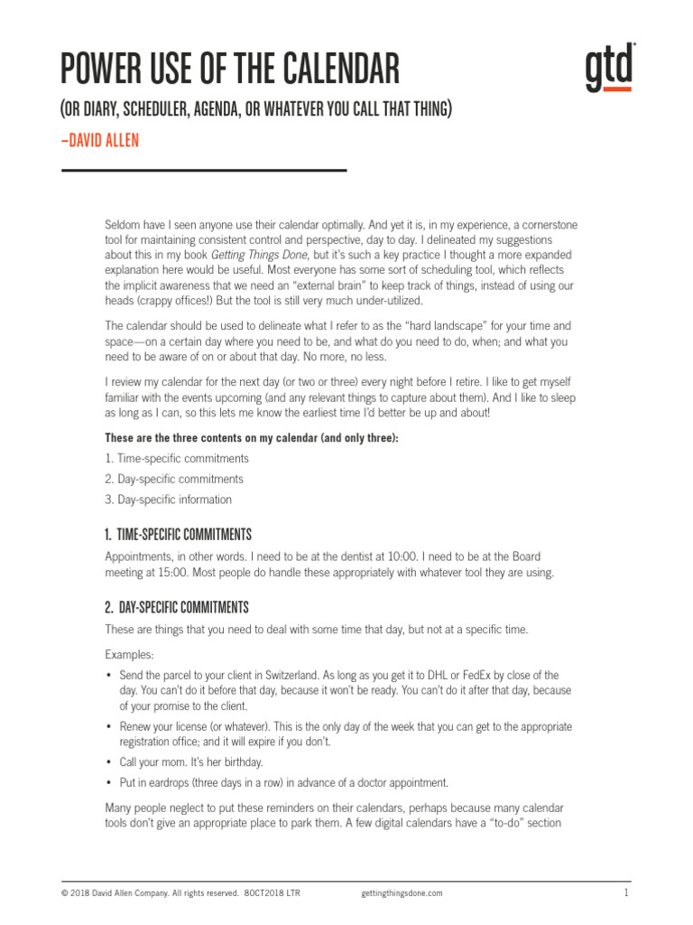 GTD Getting Things Done Power - Use - of - The - Calendar | PDF