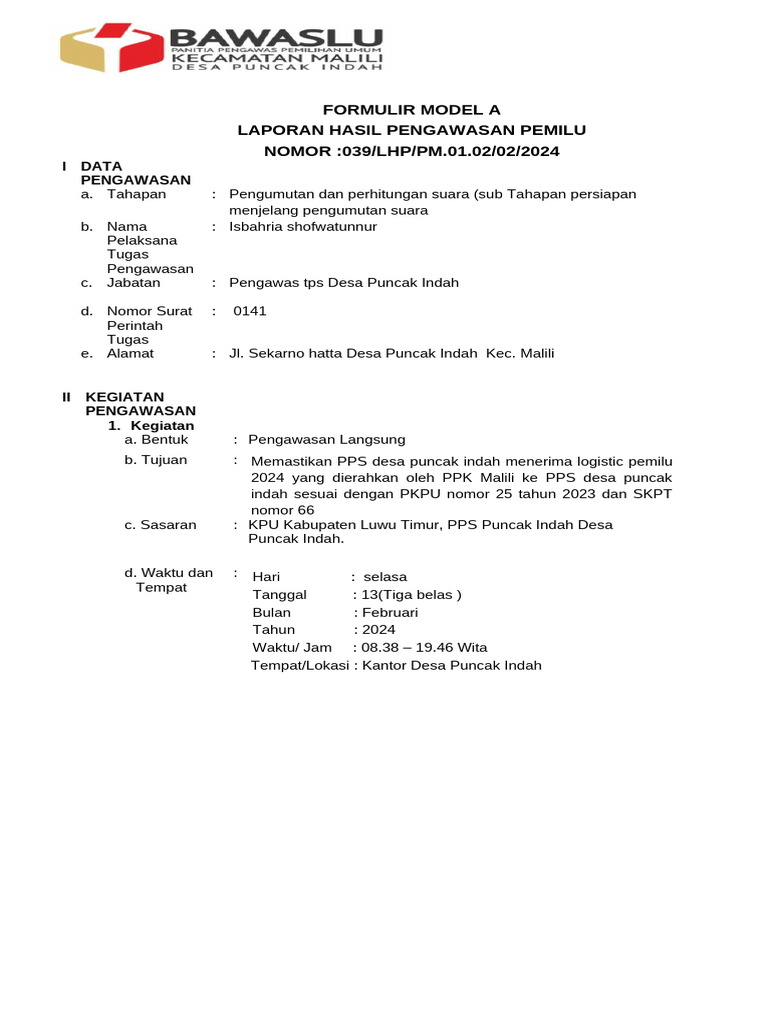 003 - FORM A - 130224-Pengawasan Logistik - PTPS 15 Puncak Indah | PDF