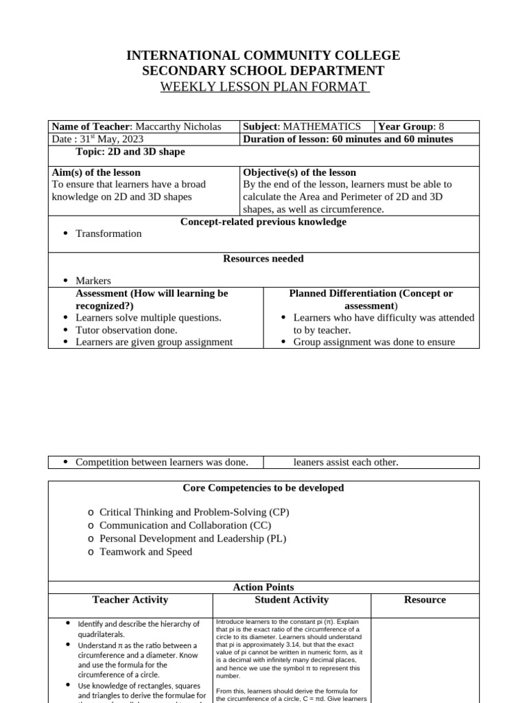 Lesson Plan Year8 | PDF