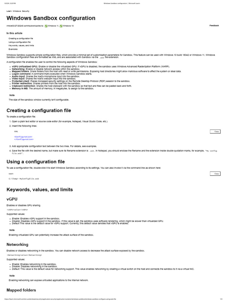 Windows Sandbox Configuration - Microsoft Learn | PDF