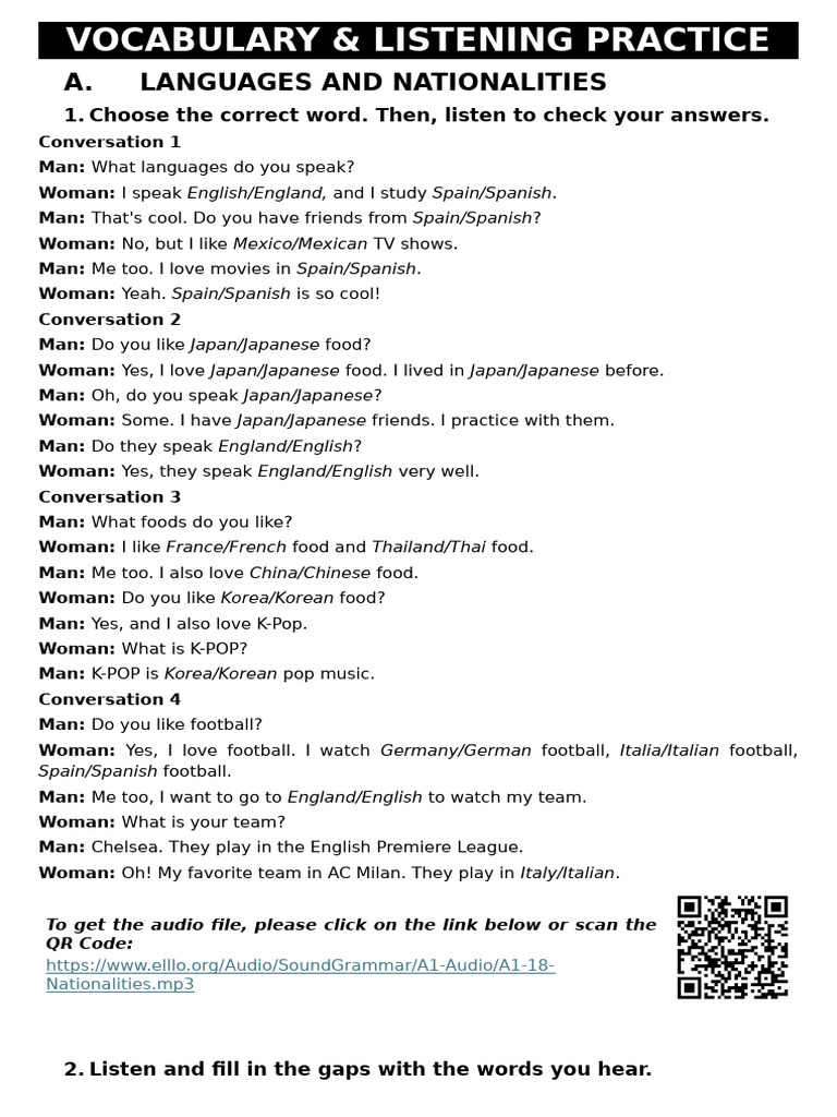 A1 Vocabulary Practice | PDF