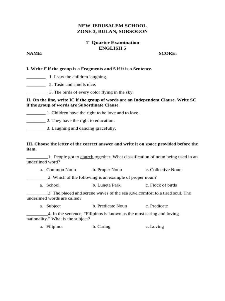 1st Quarter Examination G5&G6 | PDF