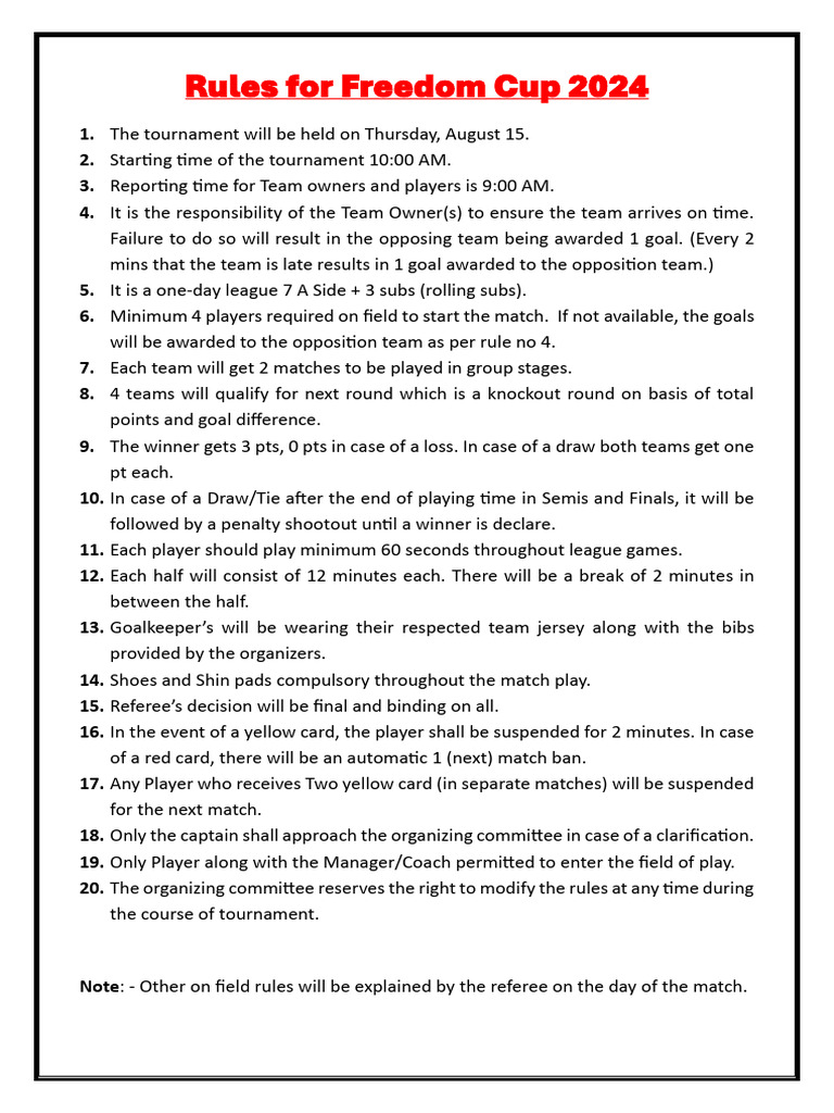 Rules For Freedom Cup 2024 | PDF