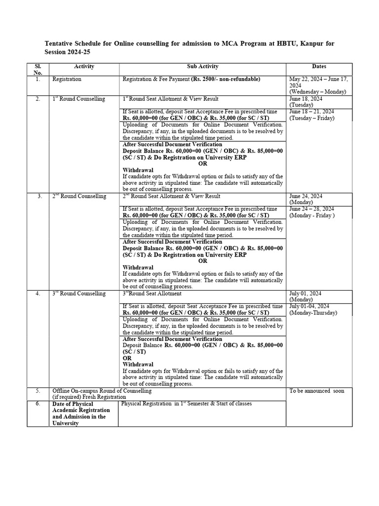 Schedule For MCA Programme 2024-25 | PDF