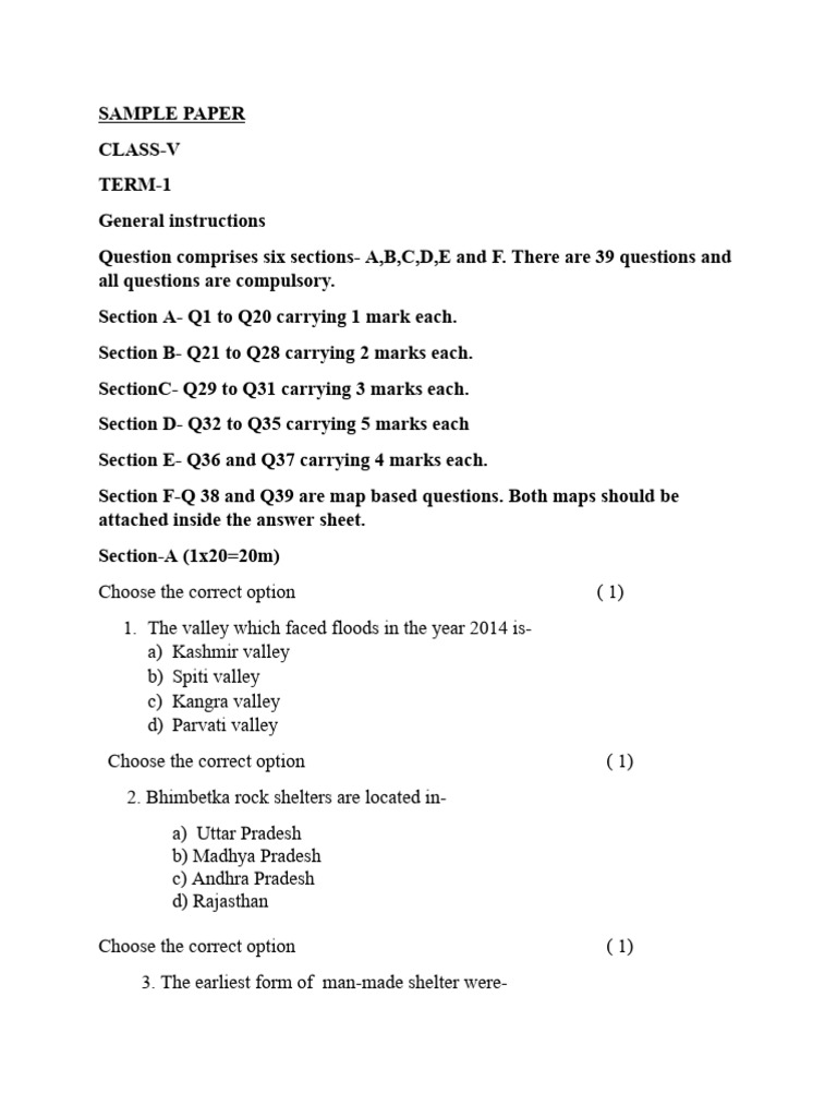 Sample Paper 2024 Class V Term - 1 | PDF