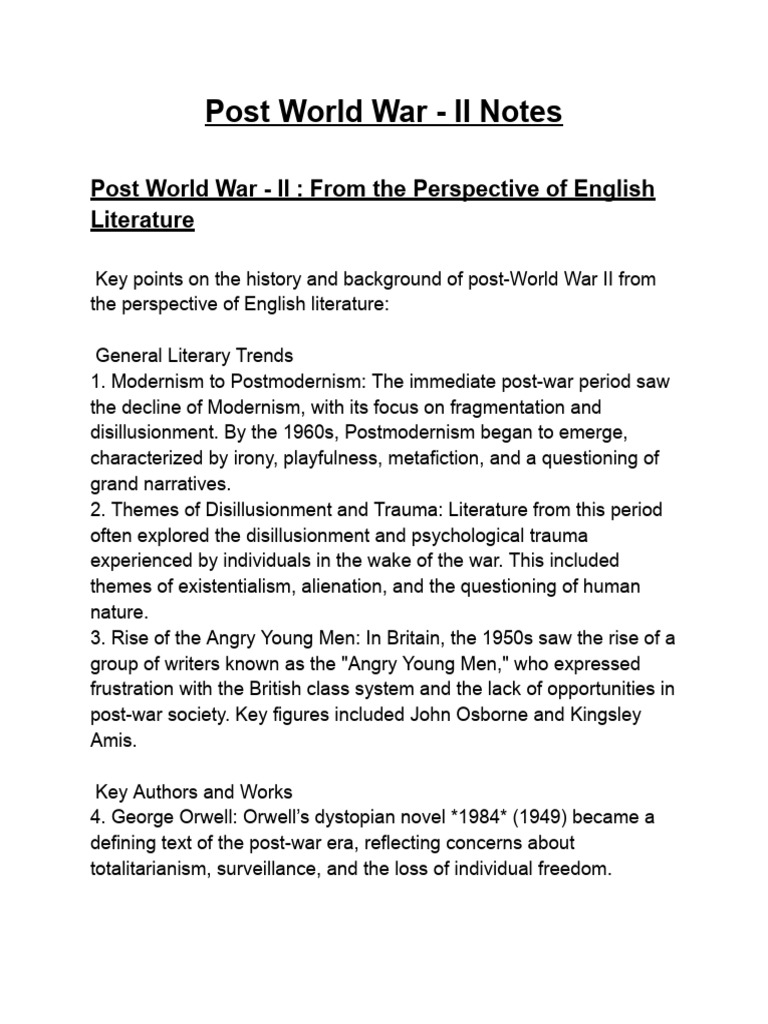 Post-WWII Trends in English Literature | PDF | Postmodern Literature ...