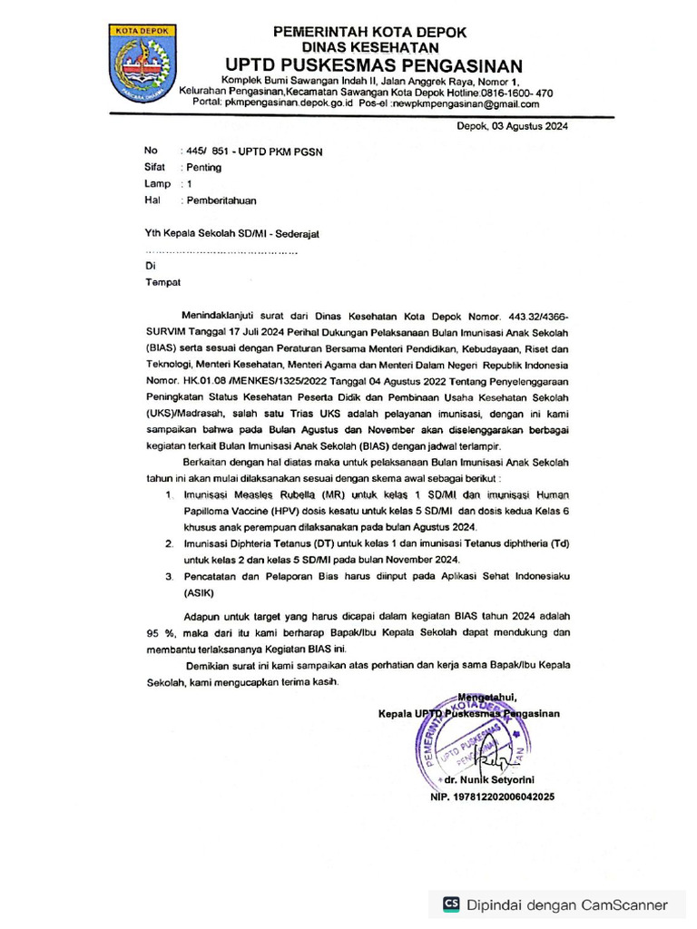 Surat Pemberitahuan Pelaksanaan BIAS SDMI Sederajat 2024 | PDF