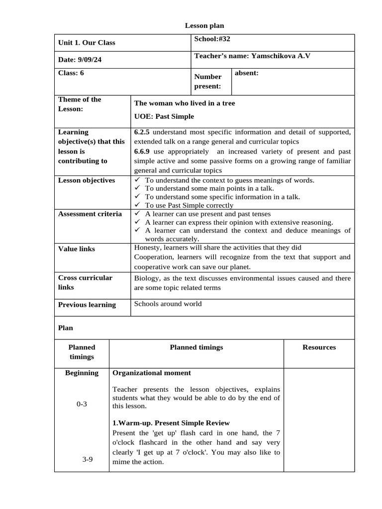 English - Grade 6 - Unit 1. Our Class - UOE Past Simple - Lesson Plan - Version 2 | PDF