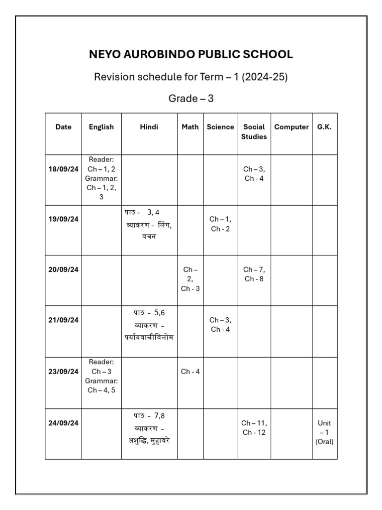 Revision Schedule, Timetable, Syllabus For Term - 1 Examination Grade 3 ...