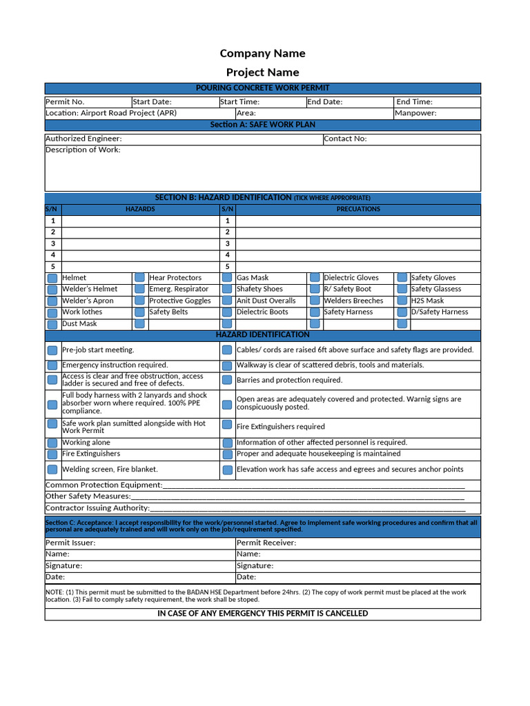 Pouring Concrete Work Permit | PDF